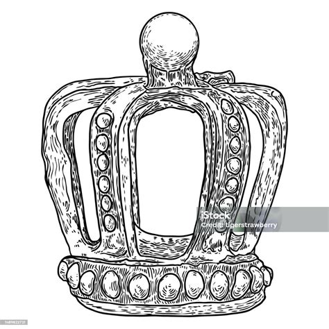 빈티지 에칭 스타일의 왕관 또는 여왕 왕과 왕비를위한 대관식 머리 장식 왕실 귀족 귀족 군주제 보석 왕관 군주 보석 보물 상징입니다 손 그리기 벡터입니다 개념 기호에 대한
