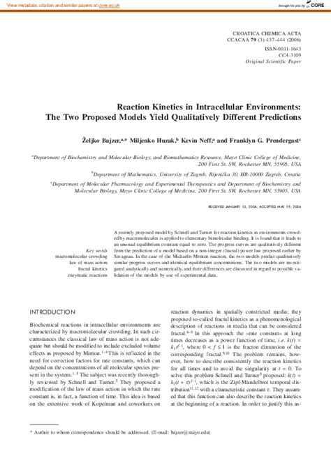 Pdf Reaction Kinetics In Intracellular Environments The Two Proposed Models Yield