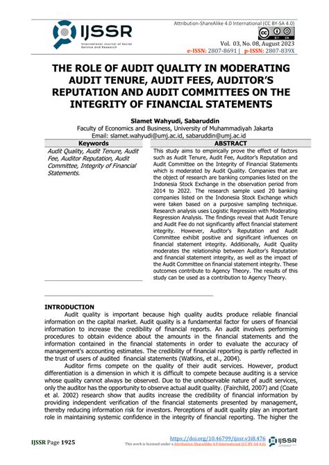 Pdf The Role Of Audit Quality In Moderating Audit Tenure Audit Fees Auditors Reputation And