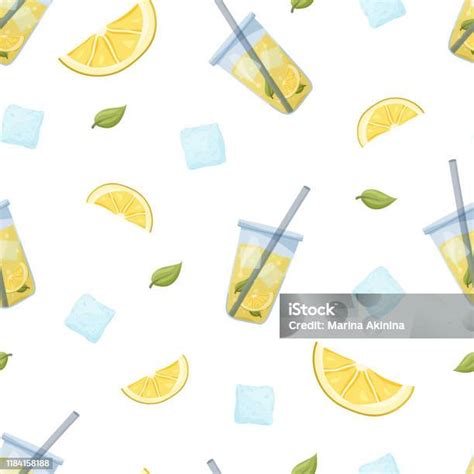 색상 이음새가 원활한 벡터 패턴입니다 얼음 조각 레몬 슬라이스와 민트와 레모네이드 한 잔 레모네이드에 대한 스톡 벡터 아트 및 기타 이미지 Istock