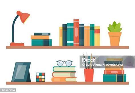 책과 다른 물건이있는 책꽂이 책 램프 화분 사진 프레임 루빅 큐브 안경 플랫 스타일의 벡터 그림입니다 칸 가구에 대한 스톡 벡터