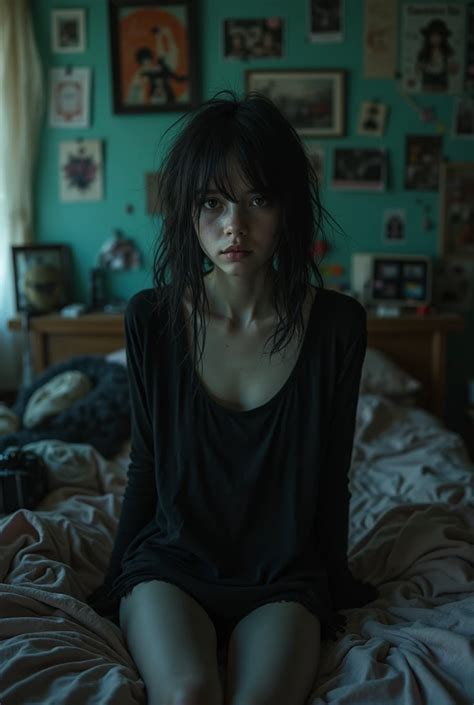 Girl Emo Anorexic Tight Black Clothes Sad Look Room Ager Geek Seaart Ai