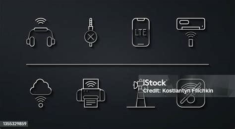 세트 라인 스마트 헤드폰 시스템 네트워크 클라우드 연결 에어컨 위성 접시 프린터 아니 오디오 잭 Wifi 무선 인터넷 및 Lte 네트워크 아이콘 벡터 0명에 대한 스톡 벡터