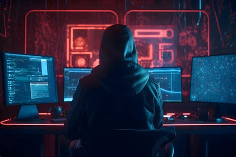 Premium Photo Hooded Hacker Sitting In Front Of Computer Monitors Cybercrime Concept