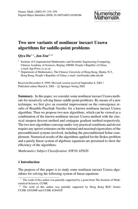 Pdf Two New Variant Of Nonlinear Inexact Uzawa Algorithms For Saddle