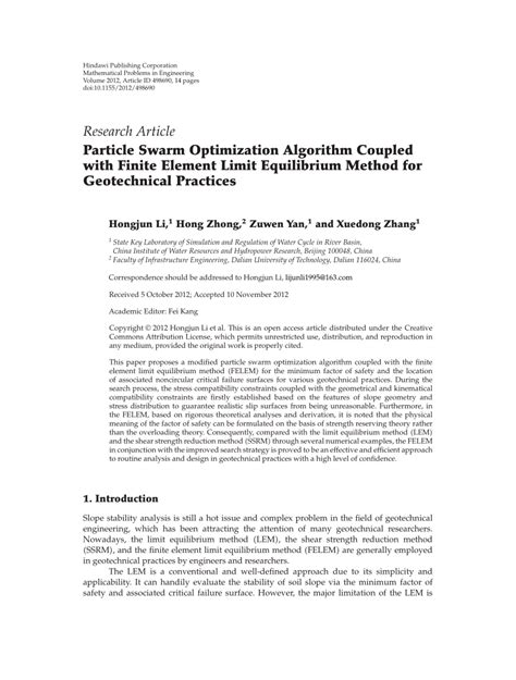 Pdf Particle Swarm Optimization Algorithm Coupled With Finite Element Limit Equilibrium Method