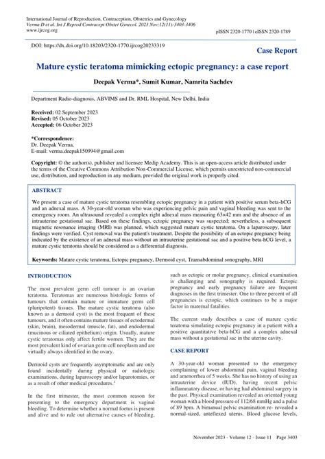 Pdf Mature Cystic Teratoma Mimicking Ectopic Pregnancy A Case Report