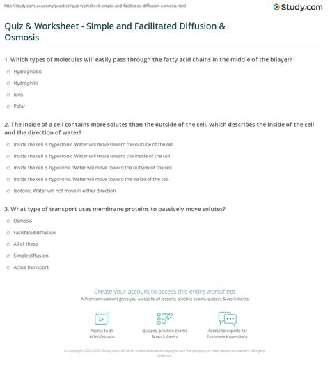 Quiz Worksheet Simple And Facilitated Diffusion Osmosis Study Com