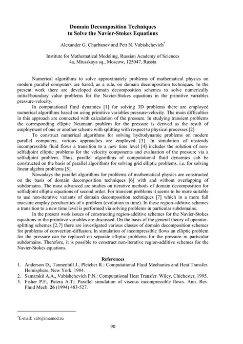 Pdf Domain Decomposition Techniques To Solve The Navier Stokes Equations