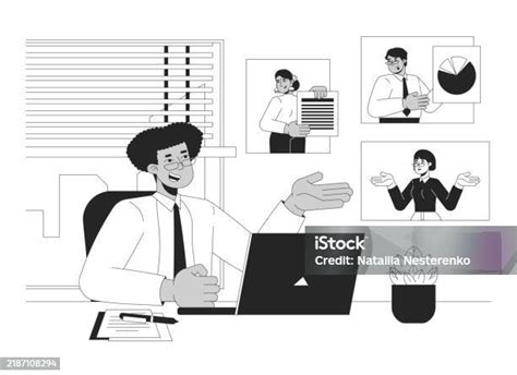 원격 작업자 화상 회의 흑백 2d 일러스트레이션 컨셉 2차 도형에 대한 스톡 벡터 아트 및 기타 이미지 2차 도형 가공의