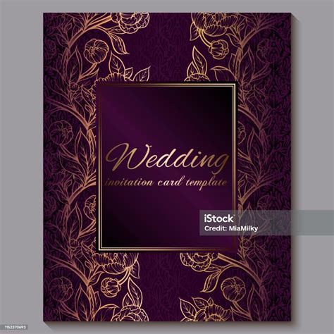 절묘 한 로얄 퍼플 럭셔리 웨딩 초대장 텍스트 프레임 및 장소 황금 반짝 그라데이션 장미 또는 모란으로 만든 레이스 단풍 골드 꽃 배경 금 금속에 대한 스톡 벡터 아트 및