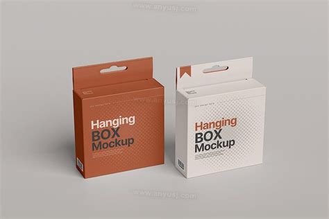 4款质感极简悬挂纸盒包装盒挂盒psd样机hanging Box Mockup 安鱼设计资源丨优质平面设计资源共享站