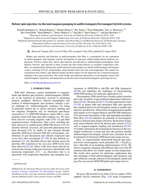 Pdf Robust Spin Injection Via Thermal Magnon Pumping In Antiferromagnetferromagnet Hybrid Systems