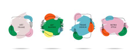 벡터 일러스트레이션 유칼립투스 잎과 브러시 스트로크가있는 아름다운 다채로운 프레임 추상적 인 현대 미적 배경 세트 커버 포스터 엽서 전단지 브로셔 프레임을위한 디자인 0명에