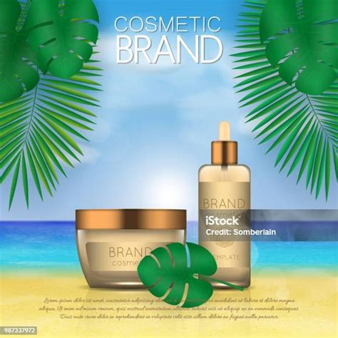 이국적인 야자수와 해변 배경에 여름 선크림 화장품 디자인 서식 파일 나뭇잎 3d 현실 태양 보호와 제품 광고입니다 3차원 형태에 대한 스톡 벡터 아트 및 기타 이미지
