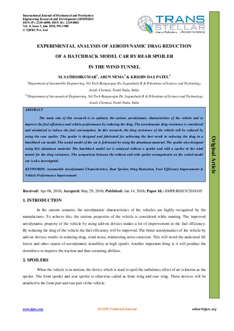 Pdf Experimental Analysis Of Aerodynamic Drag Reduction Of A Hatchback Model Car By Rear
