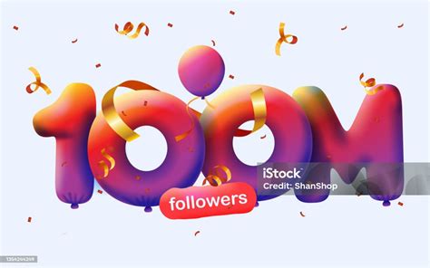 100m 팔로워가 있는 배너는 3d 그라데이션 풍선과 다채로운 색종이를 감사합니다 소셜 미디어에 대한 벡터 일러스트 3d 번호 10000000 팔로워 감사 구독자를 축하