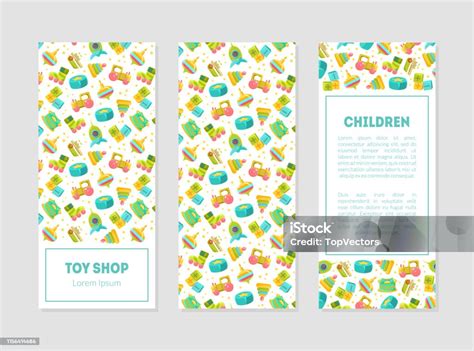 귀여운 아기 장난감 패턴과 텍스트 디자인 요소와 장난감 가게 배너 템플릿은 카드 라벨 초대장 인증서 전단지 쿠폰 벡터 일러스트레이션에 사용할 수 있습니다 0명에 대한 스톡