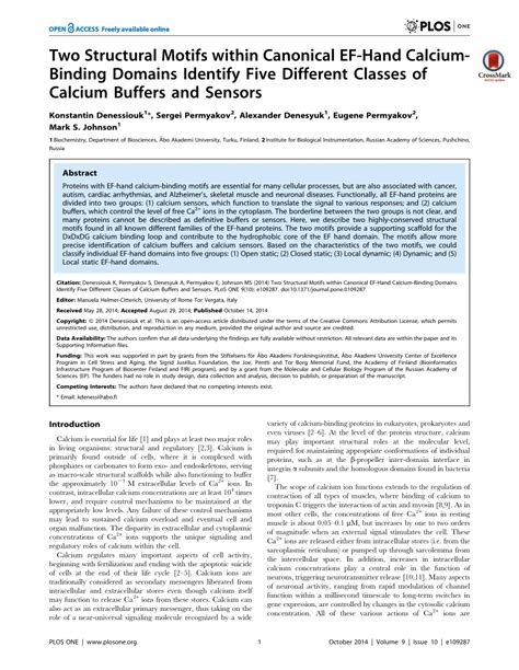 Pdf Two Structural Motifs Within Canonical Ef Hand Calcium Binding Domains Identify Five
