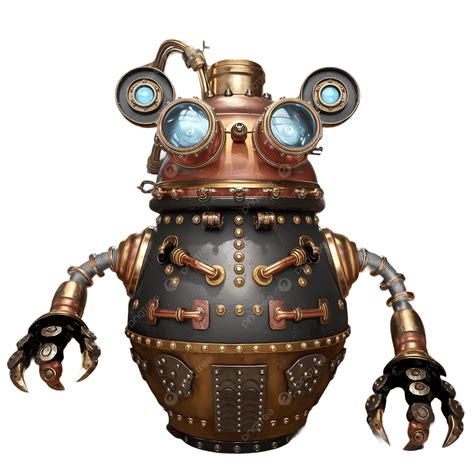 세 심하게 제작 된 스팀 펑크 스타일 로봇이 전경을 지배합니다 세 심하게 제작 된 스팀 펑크 로봇은 전경을 지배적으로