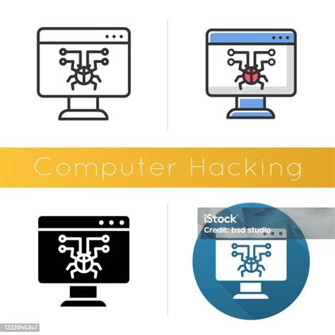컴퓨터 해킹 아이콘 잘못된 액세스 이득 보안 위반 악성 코드 랜섬웨어 피싱 사이버 범죄 사기 성 계획 플랫 디자인 선형 및 색상 스타일 격리된 벡터 일러스트레이션 개념에