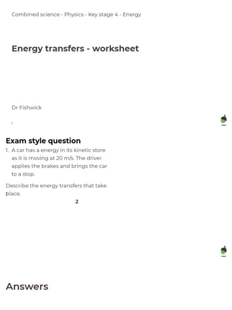 Combined Science Ks4 Lesson Phy Y10 U2 L1 Pdf Potential Energy