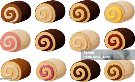 충전재와 토핑이 있는 다양한 케이크 스위스 롤 조각의 귀여운 벡터 그림 스위스 롤에 대한 스톡 벡터 아트 및 기타 이미지