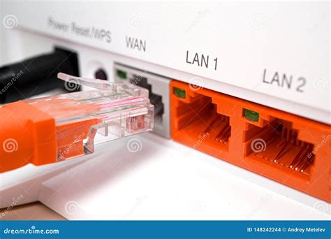 Patch Cord Red Inserted Into The Wan Port Of The Router For Internet Access Stock Photo Image