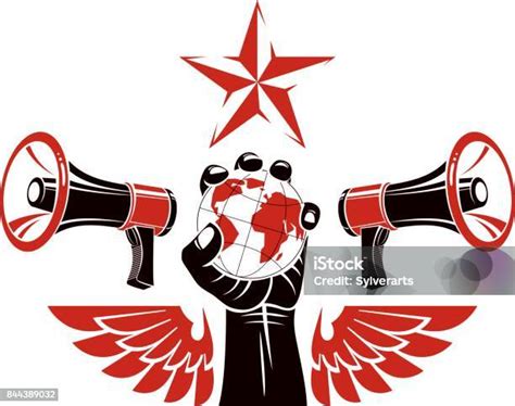 엠 블 럼 장식 벡터 글로브 자유 날개 및 메가 근육 제기 쥔된 주먹으로 구성 정치 그리고 주의의 구성 요소로 권위입니다 Championship에 대한 스톡 벡터 아트 및