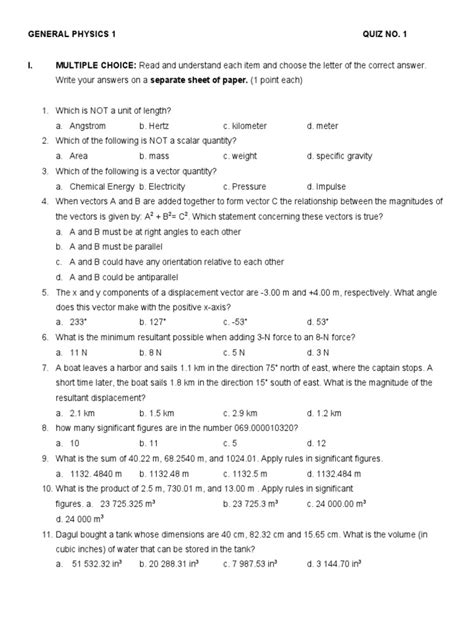 Quiz 1 General Physics 1 Pdf Euclidean Vector Force
