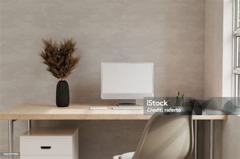 나무 테이블에 데스크톱 컴퓨터 모형이 있는 최소한의 스칸디나비아 작업 공간 3d 렌더링 스칸디나비아 반도에 대한 스톡 사진 및 기타 이미지 스칸디나비아 반도 배경 주제