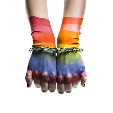 Mãos Nas Cores Do Símbolo Lgbt Entrelaçadas Com Uma Corrente Em Fundo