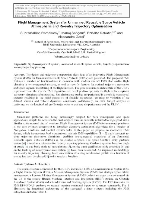 Pdf Flight Management System For Unmanned Reusable Space Vehicle Atmospheric And Re Entry