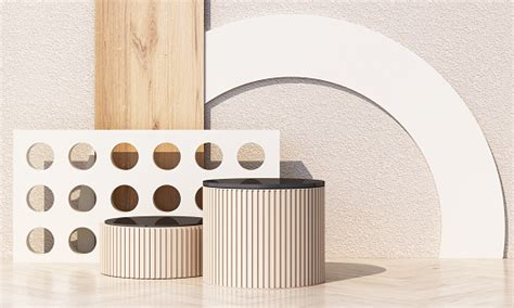 연단과 추상적 배경이 있는 최소 3d 렌더링 장면 나무와 콘크리트 질감파스텔 색상의 기하학적 모양 강단에 대한 스톡 사진 및
