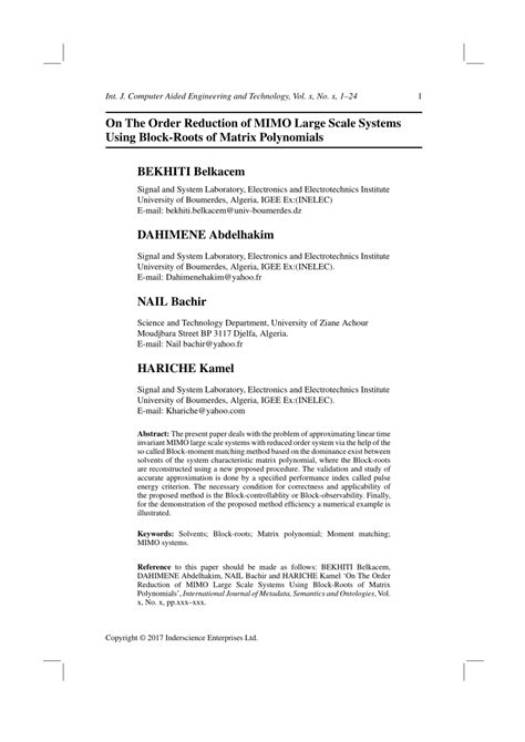Pdf On The Order Reduction Of Mimo Large Scale Systems Using Block Roots Of Matrix Polynomials