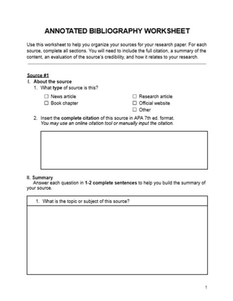 Annotated Bibliography Worksheet For High School Students Research