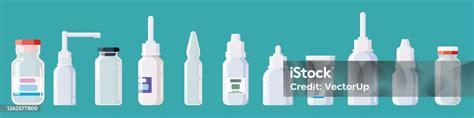 약국 의료 세트 병 항아리 튜브 스프레이 캡드롭퍼 플라스틱 패키지 약물 비타민 항생제 백신 템플릿 모형 포장 설계 벡터 고립 된 일러스트 만화 스타일 주사기에 대한 스톡