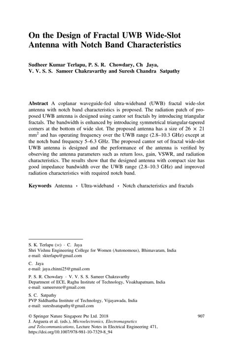 Pdf On The Design Of Fractal Uwb Wide Slot Antenna With Notch Band Characteristics