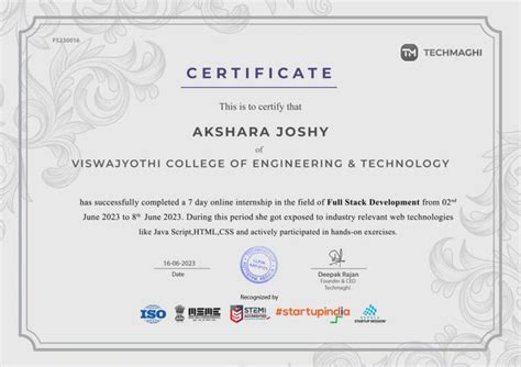 Akshara Joshy On Linkedin Completed An Internship In Full Stack Development Conducted By Techmaghi