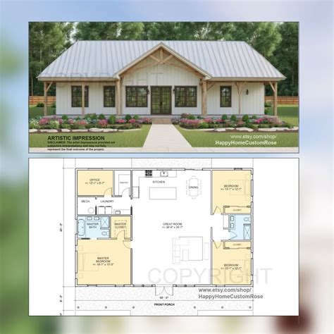 Farmhouse Barndominium 40 X 60 House Plan Design 3 Bed 2 Bath