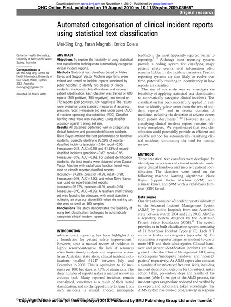 Pdf Automated Categorisation Of Clinical Incident Reports Using