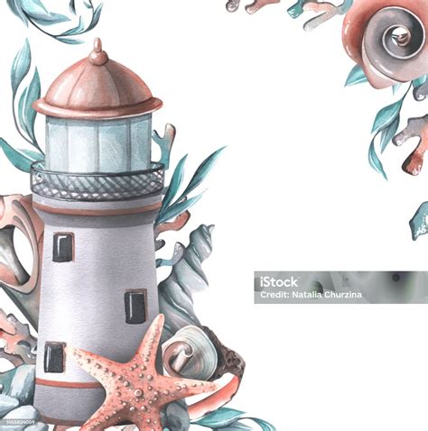 조류 산호 조개 및 불가사리가있는 해양 등대 수채화 그림입니다 Whales 컬렉션의 템플릿 인쇄물 포스터 스티커 엽서의 디자인 및 장식 건물 외관에 대한 스톡 벡터 아트 및