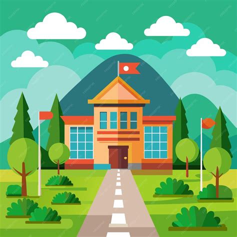 Un Dibujo De Un Edificio Con Una Bandera Roja En El Frente Vector