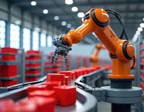 Robotic Arm Manipulator Moves Red Blocks On Conveyor Belt Automated Industrial Robotic Arm