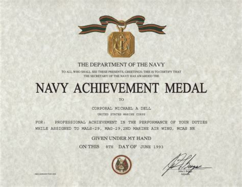 Navy Achievement Medal Certificate