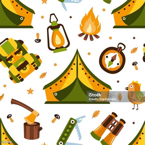 하이킹 장비와 캠핑 원활한 패턴 여름 모험 디자인 요소는 배경 화면 포장 배경 만화 벡터 일러스트레이션에 사용할 수 있습니다 관광에 대한 스톡 벡터 아트 및 기타 이미지