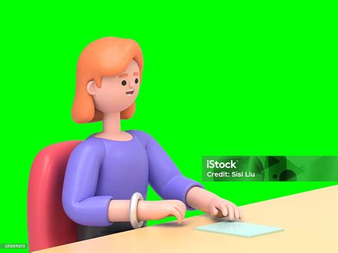 유럽의 여성 사업가 엘렌이 책상 뒤에 앉아 그린 스크린에서 푸티지와 클리핑 경로를 위한 Interview3d 렌더링을 수행하는 3d 일러스트레이션 가공의 인물에 대한 스톡