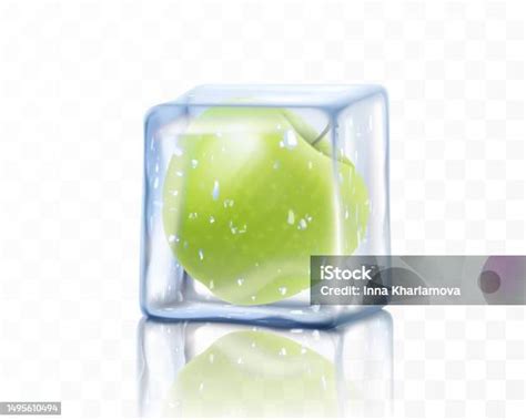 얼음 조각에 담긴 신선한 익은 사과가 투명한 배경에 분리되어 있다 얼어붙은 녹색 사과 사실적인 3d 벡터 그림 3차원 형태에 대한 스톡 벡터 아트 및 기타 이미지 Istock
