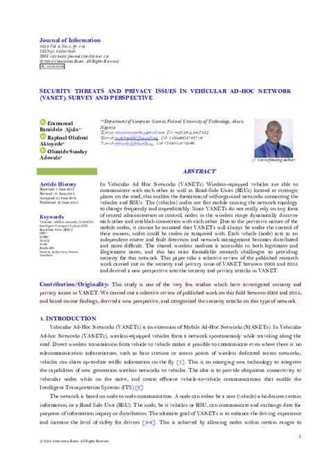 Pdf Security Threats And Privacy Issues In Vehicular Ad Hoc Network Vanet Survey And