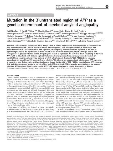 Pdf Mutation In The 3untranslated Region Of App As A Genetic Determinant Of Cerebral Amyloid